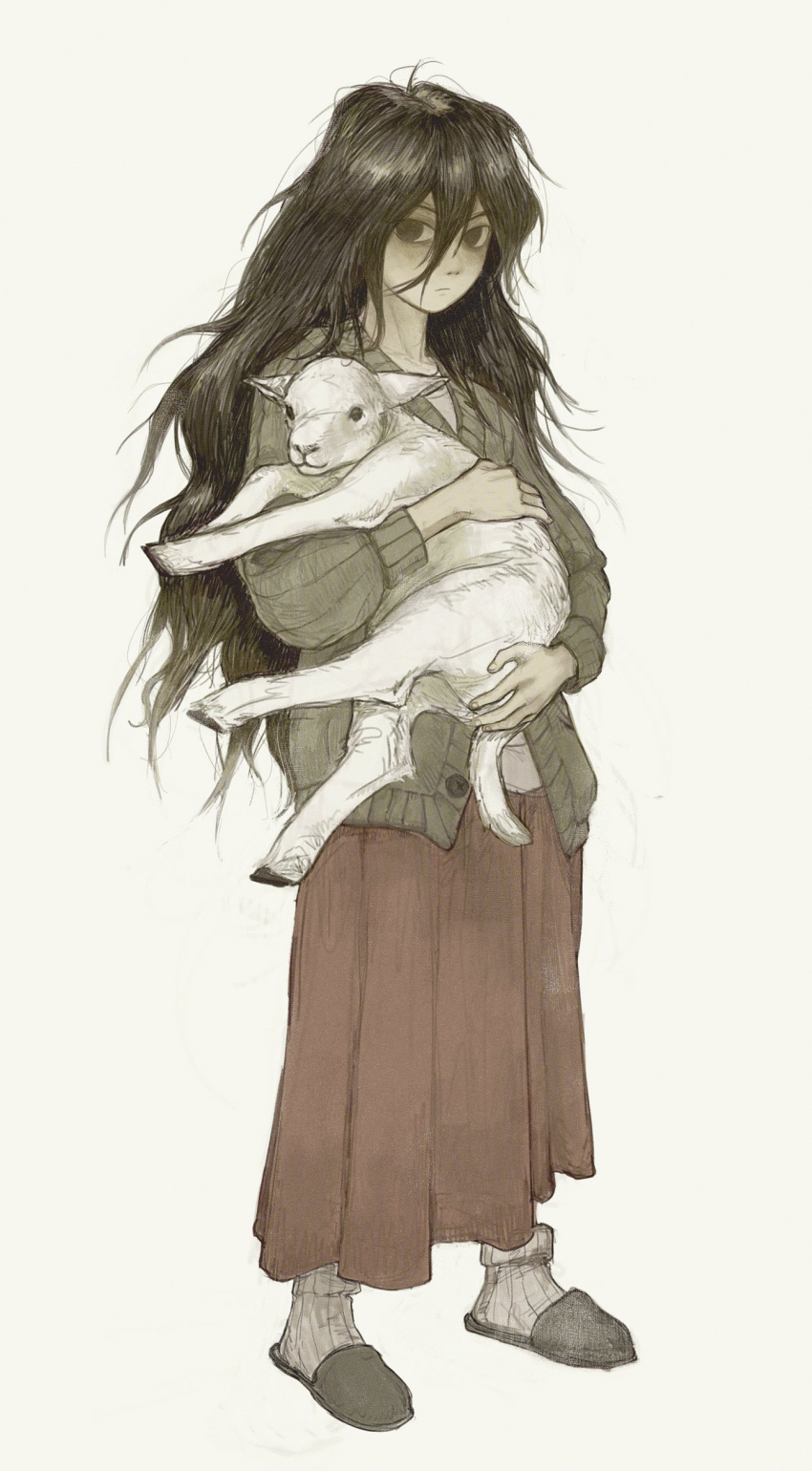 Safebooru - 1girl absurdres animal black eyes black footwear black hair closed mouth goat ...