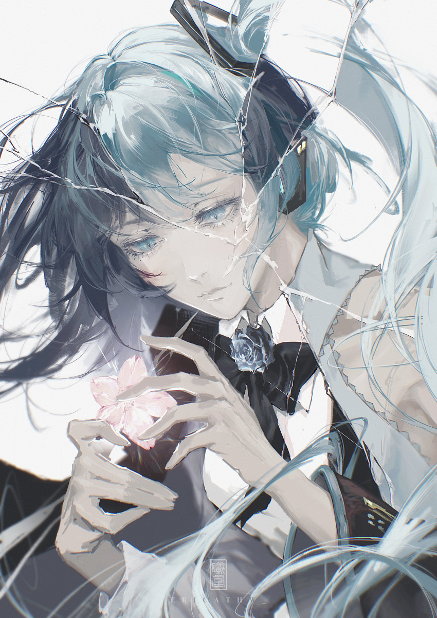 Safebooru - 2girls absurdres ado (utaite) aqua hair black bow black bowtie black coat blue eyes ...