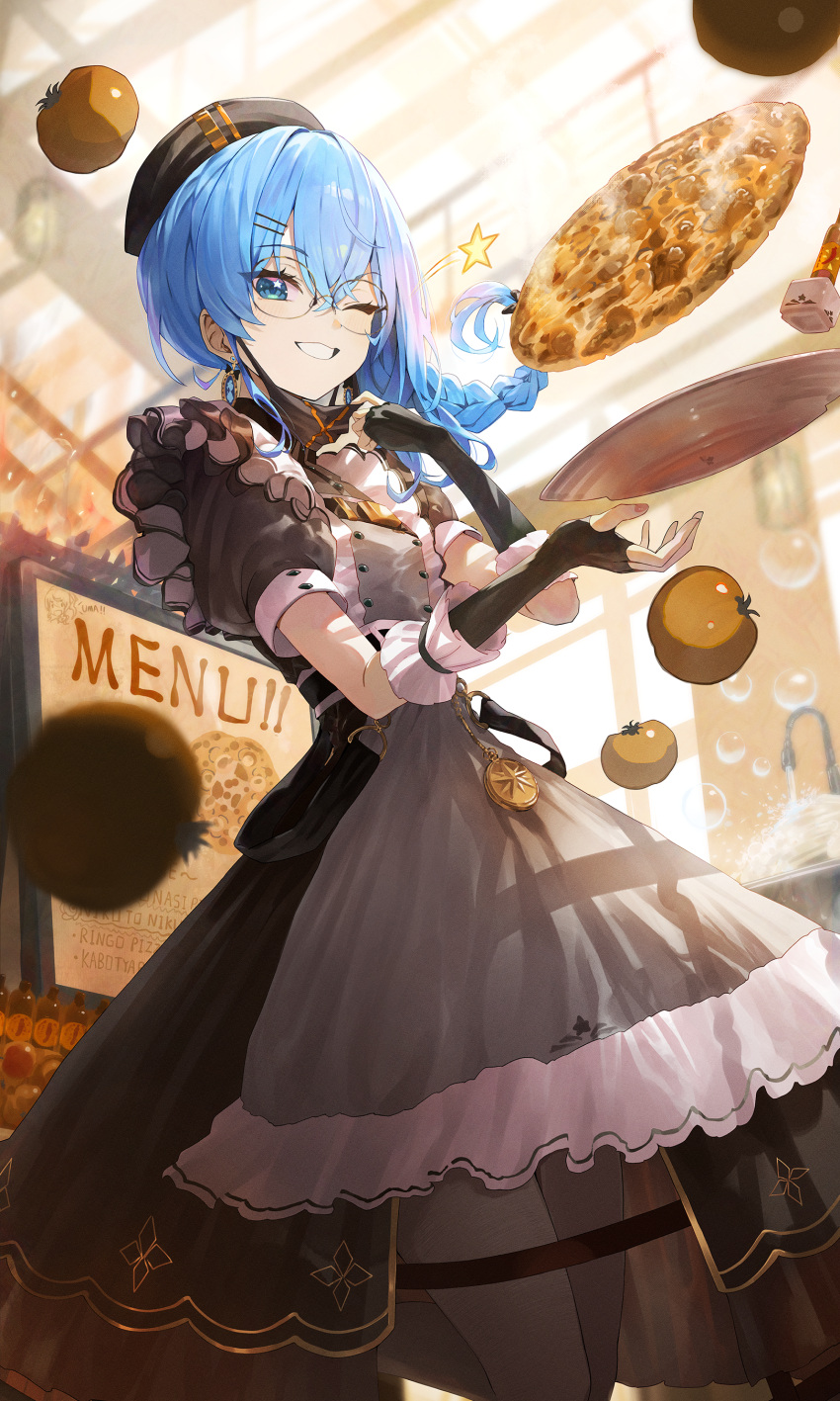 Safebooru - 1girl absurdres apple apron atatatatame01 beret black dress black gloves blue eyes ...
