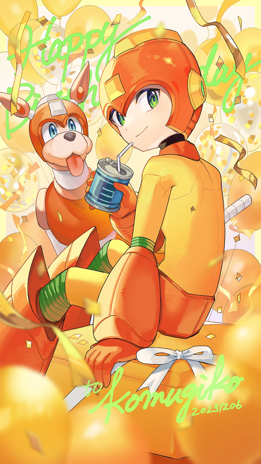 Safebooru - 1boy absurdres arm support balloon blue eyes can confetti ...