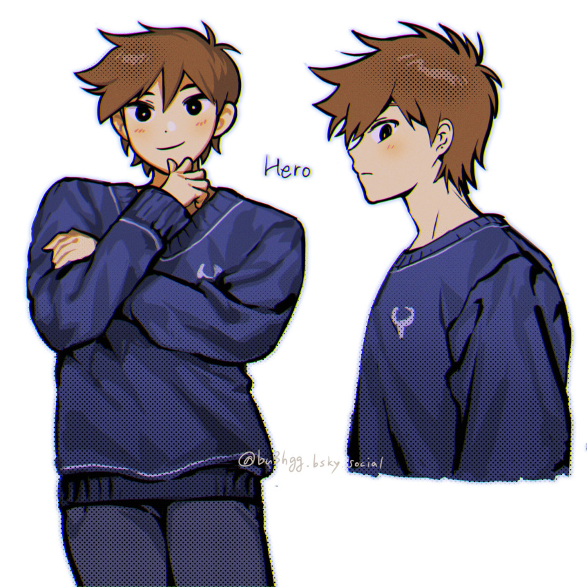 Safebooru - 1boy black eyes black pants blue sweater bluesky username blush bright pupils brown ...