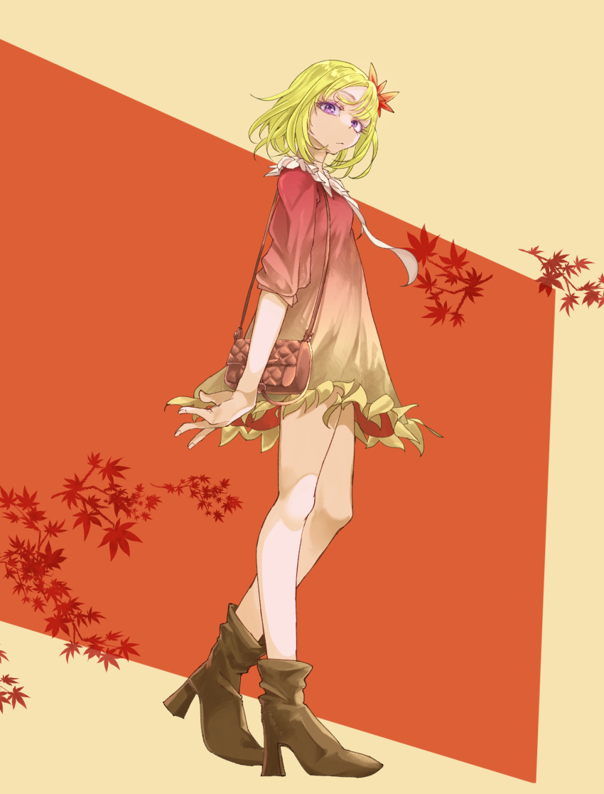 Safebooru - 1girl aki shizuha bag blonde hair boots brown footwear dress from side full body ...