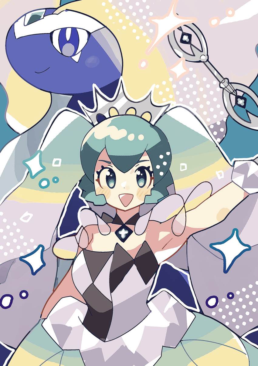 Safebooru - 1girl :d anidler91 aqua eyes aqua hair asymmetrical dress aurorus blue background ...