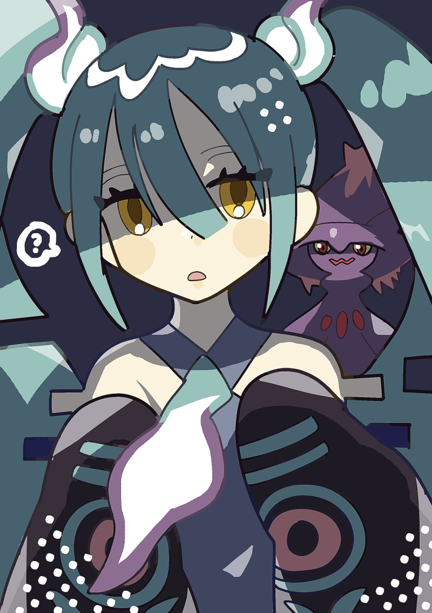 Safebooru - 1girl ? anidler91 aqua hair bare shoulders black background black sleeves d ...