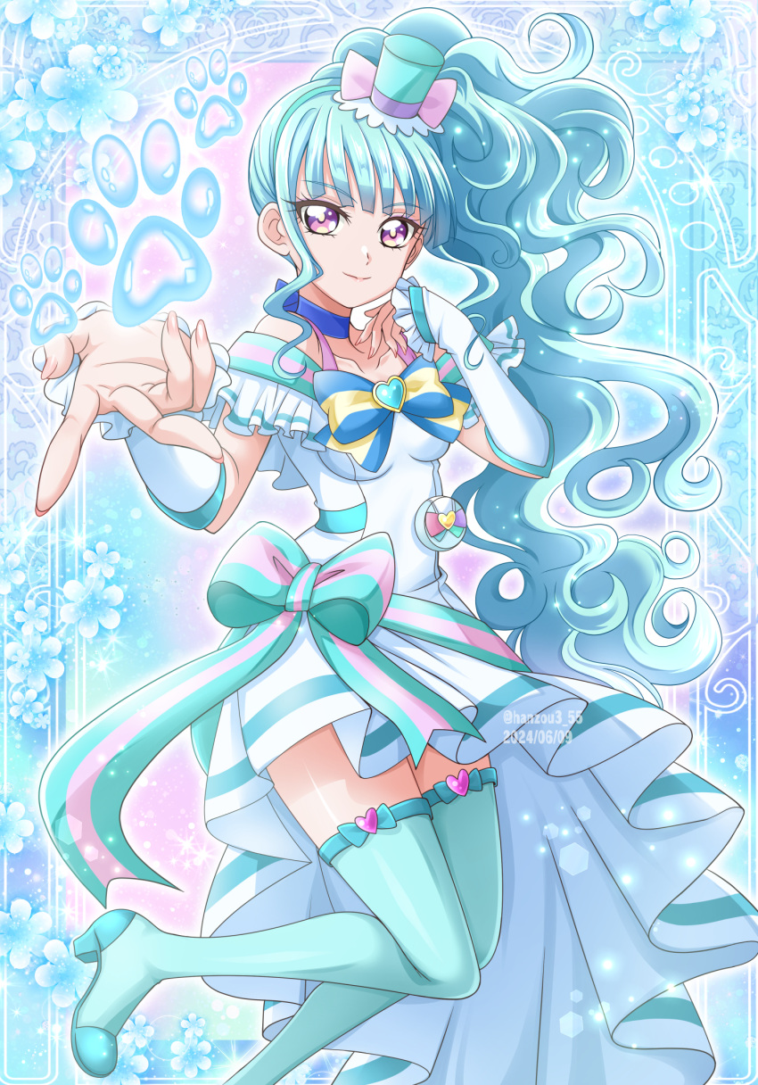 Safebooru - 1girl aqua bow aqua footwear aqua hair aqua hairband aqua hat aqua sash blue bow ...