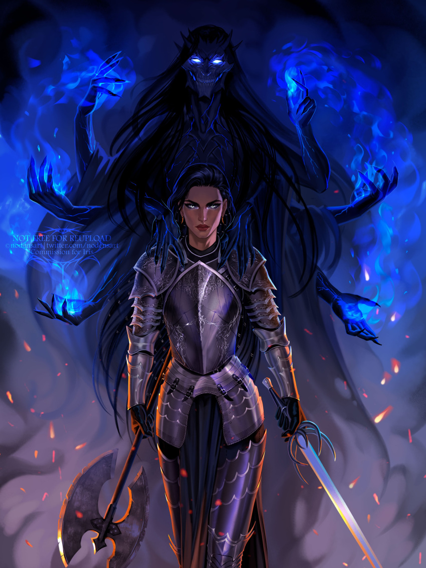 Safebooru - 1girl 1other absurdres armor axe battle axe black hair blue eyes dual wielding ...