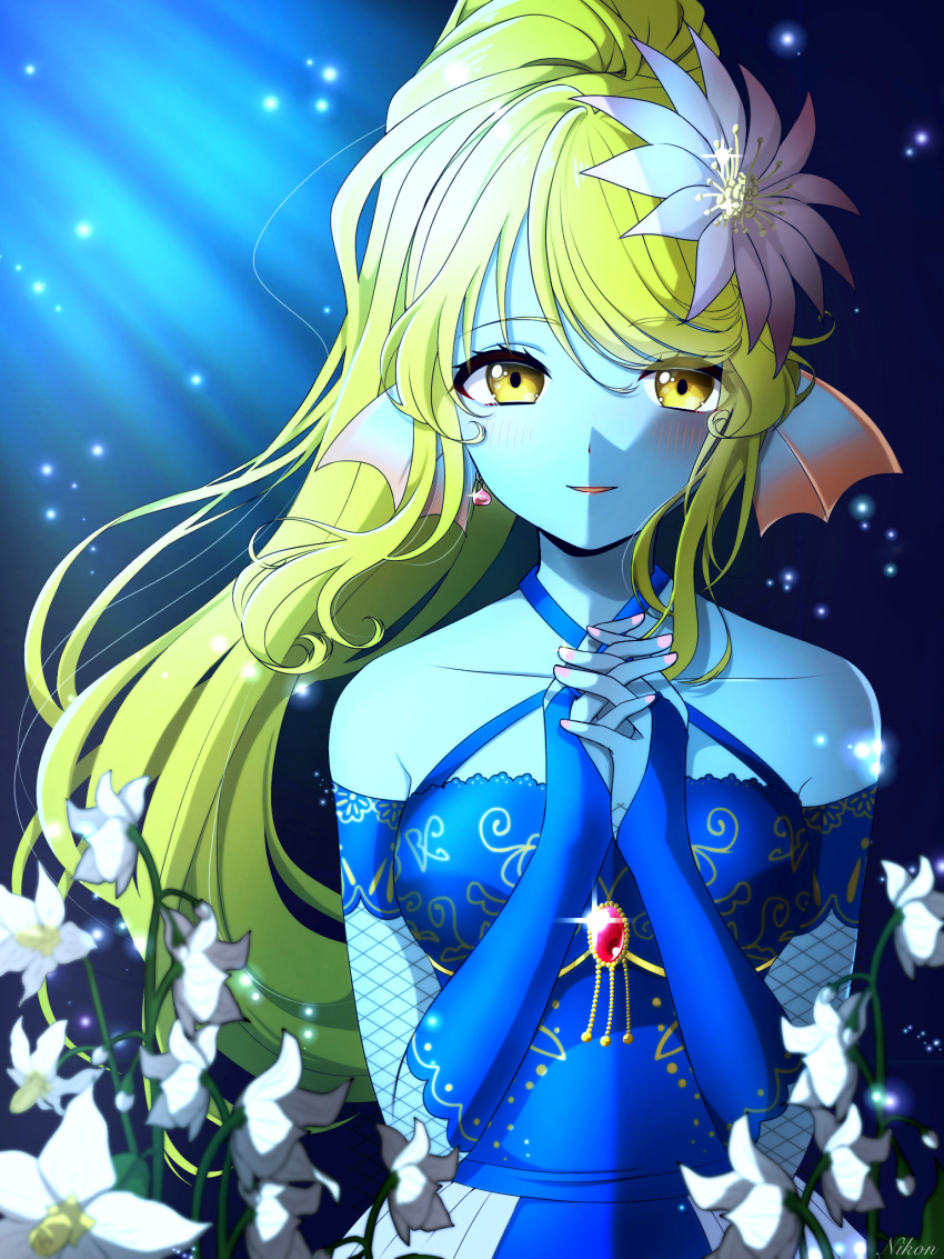 Safebooru - 1girl bare shoulders blonde hair blue background blue bridal gauntlets blue dress ...