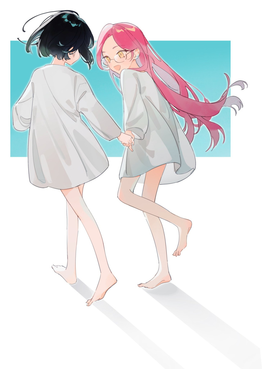 Safebooru - 2girls aged down alien stage barefoot black hair blue background commentary dress ...