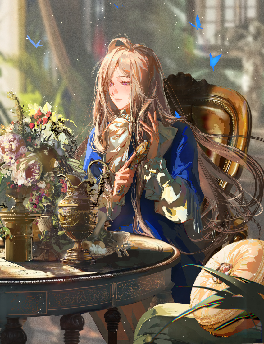 Safebooru - 1girl absurdres ahoge blonde hair blue butterfly blurry blurry background blush bow ...