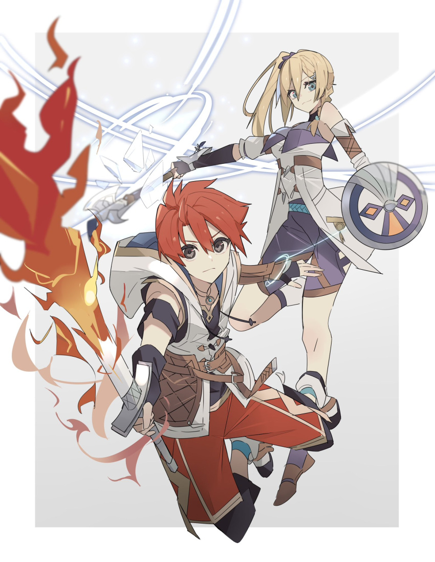 Safebooru - 1boy 1girl adol christin armor axe bare shoulders battle axe blonde hair blue eyes ...