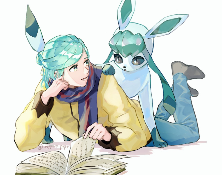 Safebooru - 1boy :d blue scarf book commentary request glaceon green ...