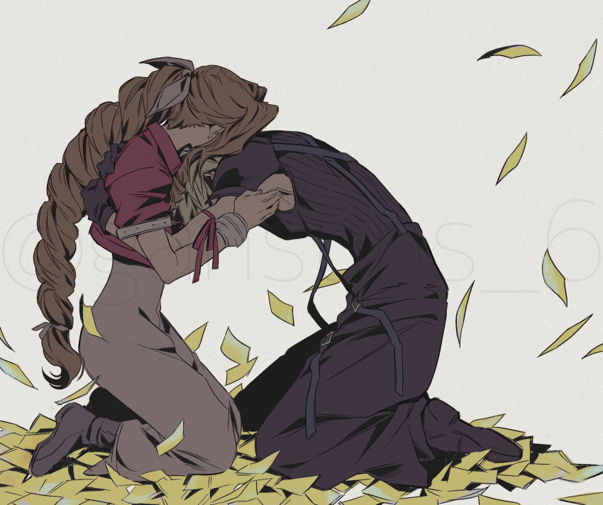 Safebooru - 1boy 1girl aerith gainsborough blonde hair brown hair cloud strife crying dress ...