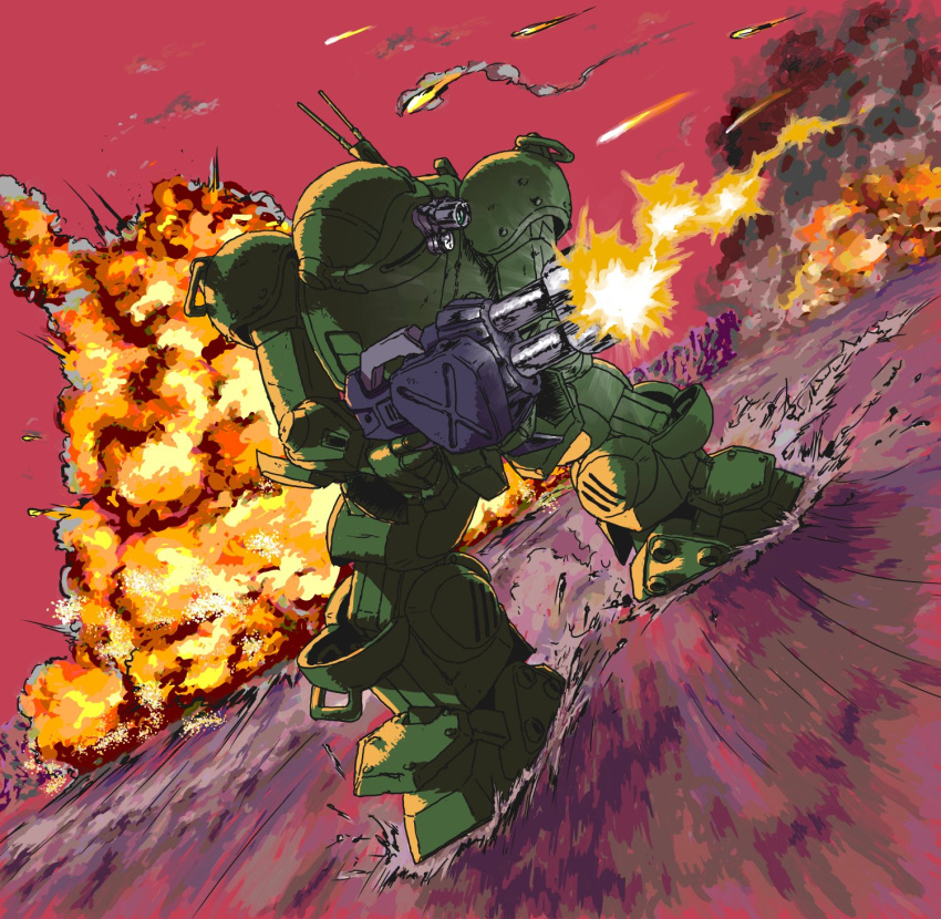 Safebooru - armored trooper battle explosion fire firing gun highres ...