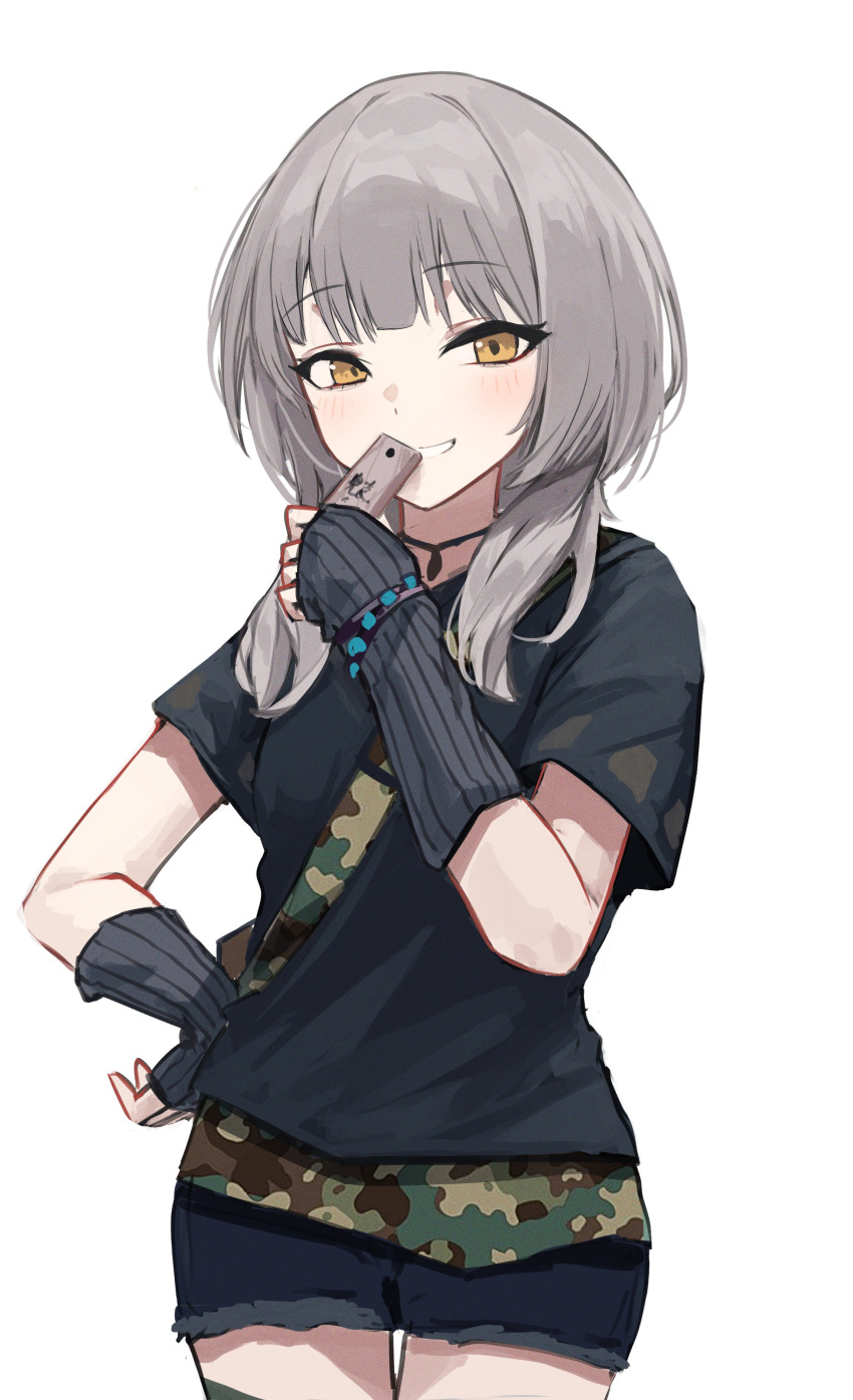 Safebooru - 1girl absurdres arm warmers bag (chrko bag) bead necklace beads black shirt blush ...