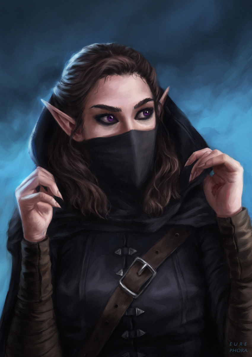 Safebooru - 1girl absurdres artist name belt black cloak black hood black mask brown belt brown ...