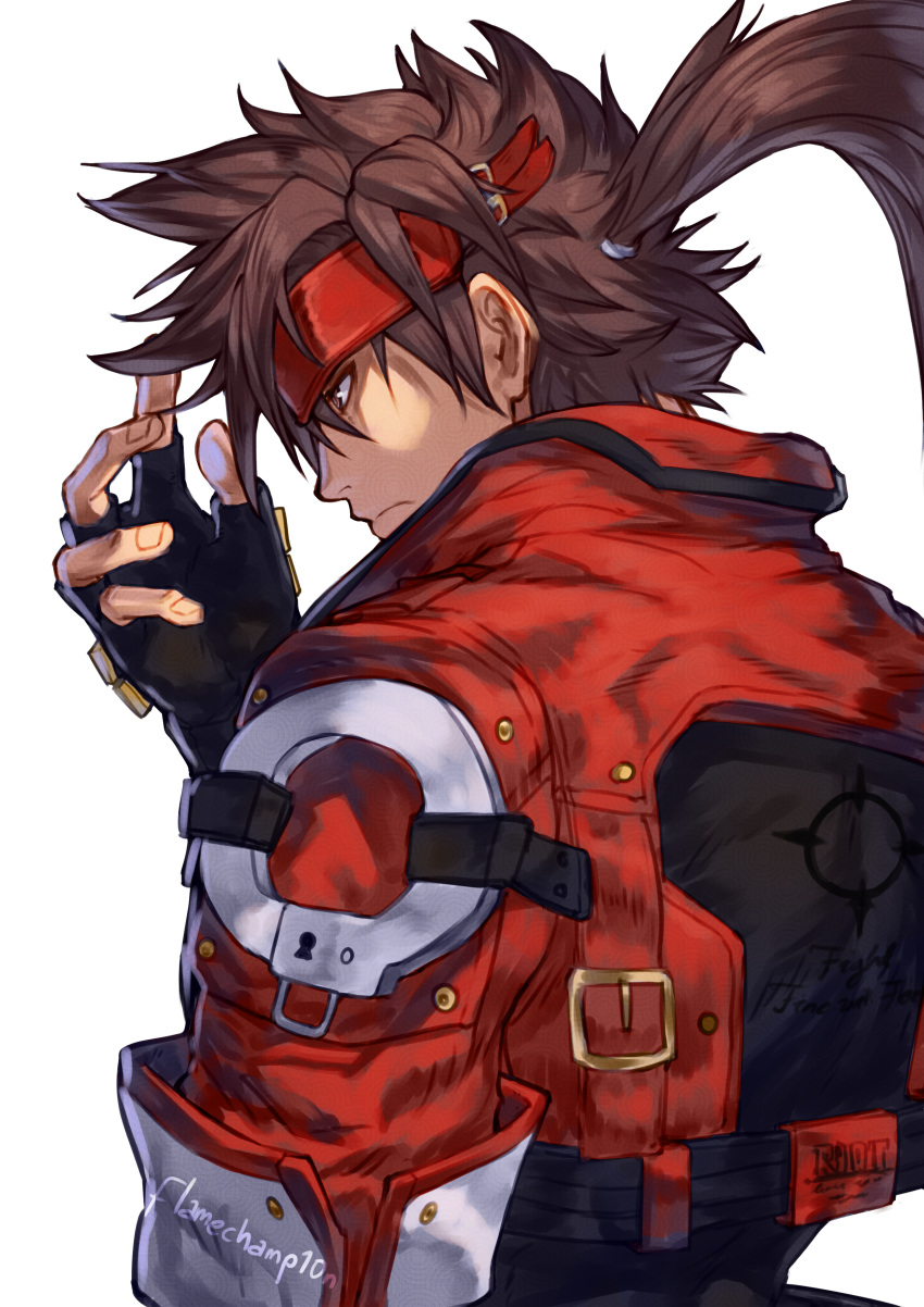 Safebooru - 1boy absurdres brown hair fingerless gloves flamechamp10n from behind gloves guilty ...