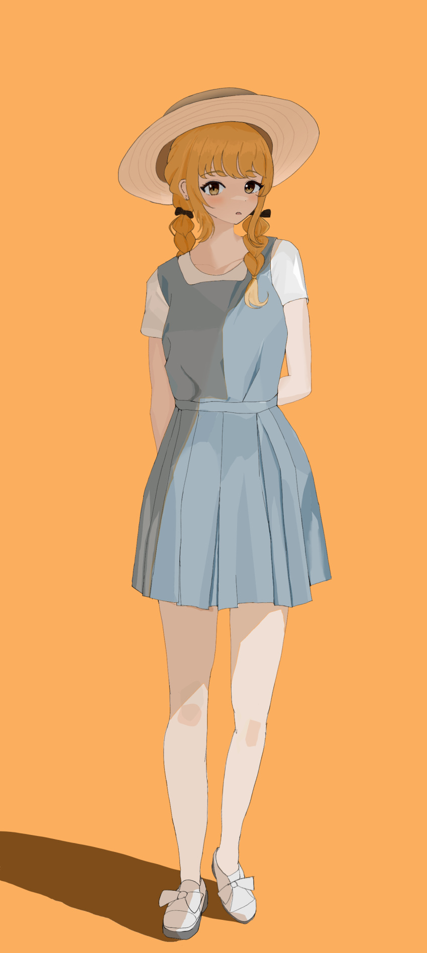 Safebooru - 1girl :o absurdres arms behind back bare legs black ribbon blonde hair blush braid ...