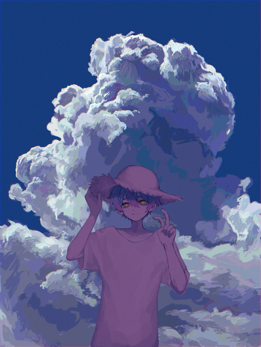 Safebooru - 1boy blue hair blue sky brown eyes charisma house closed mouth clouds cloudy sky ...