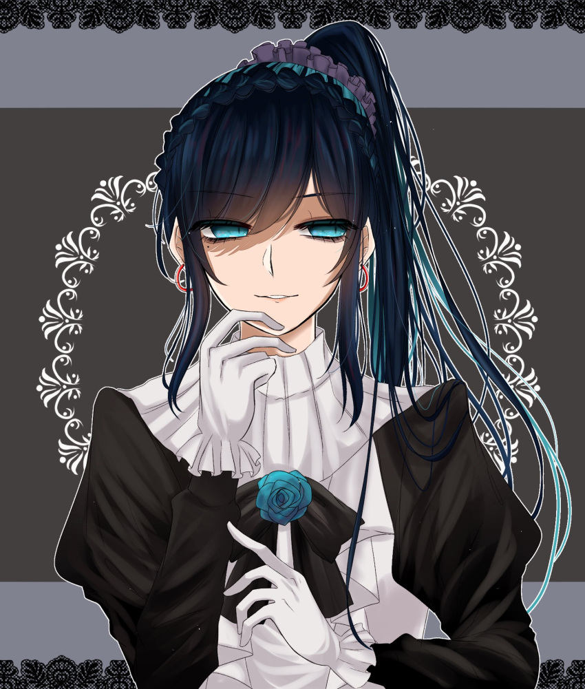 Safebooru - 1girl ado (utaite) black bow black bowtie blue flower blue hair blue rose bow bowtie ...