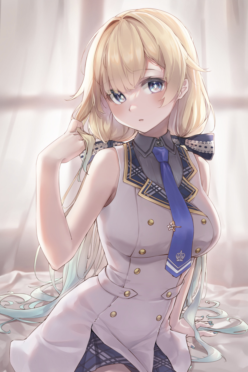 Safebooru - 1girl absurdres aizawa ema aizawa ema (2nd costume) arm support bed sheet blonde ...