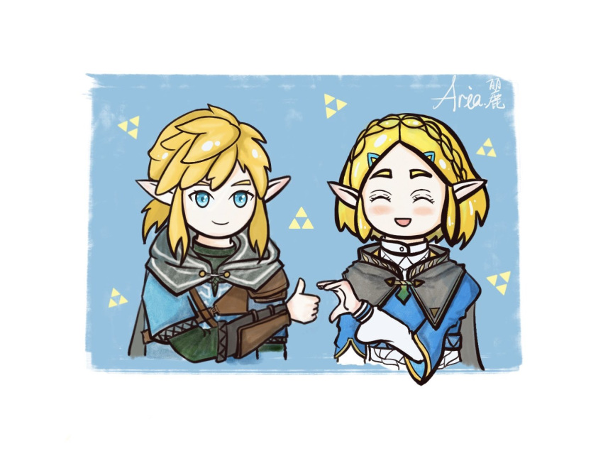 Safebooru - 1boy 1girl ^ ^ black cape blonde hair blue background blue eyes blue shirt braid ...