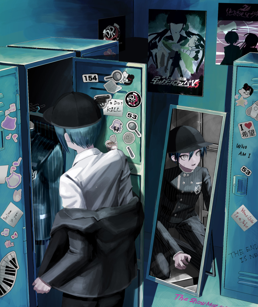Safebooru - 2boys black hair black jacket blue hair brown eyes buttons ...
