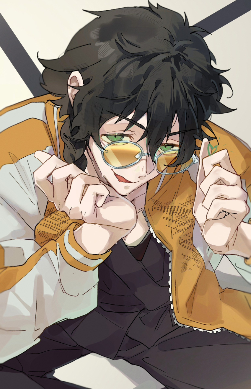 Safebooru - 1boy black hair black pants glasses green eyes hands up ...