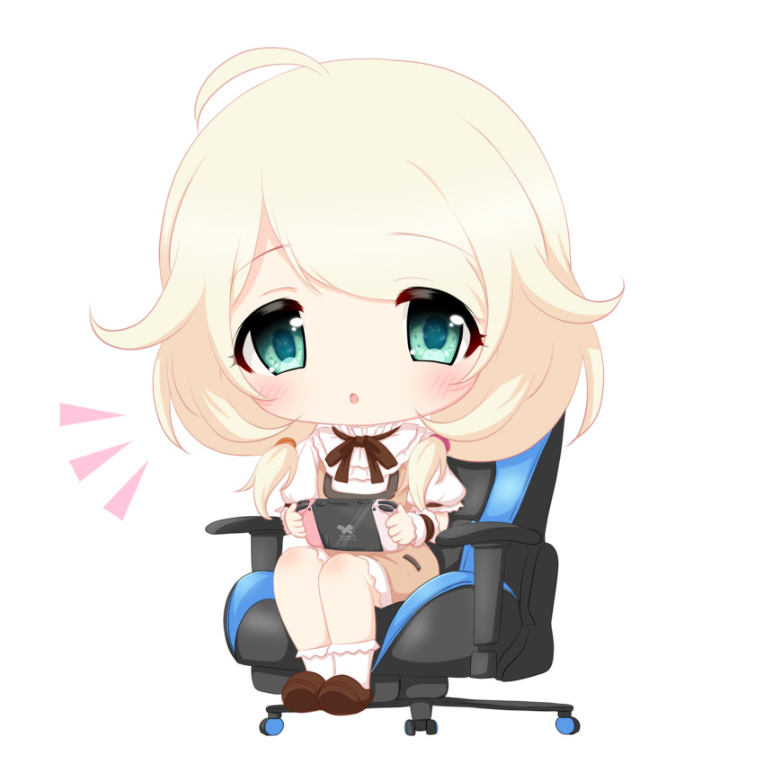 Safebooru - 1girl ahoge armrest big head blonde hair blush brown dress ...
