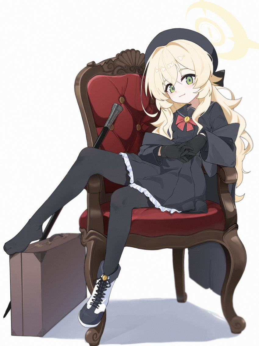Safebooru - 1girl :3 absurdres armchair beret black coat black gloves black hat black pantyhose ...