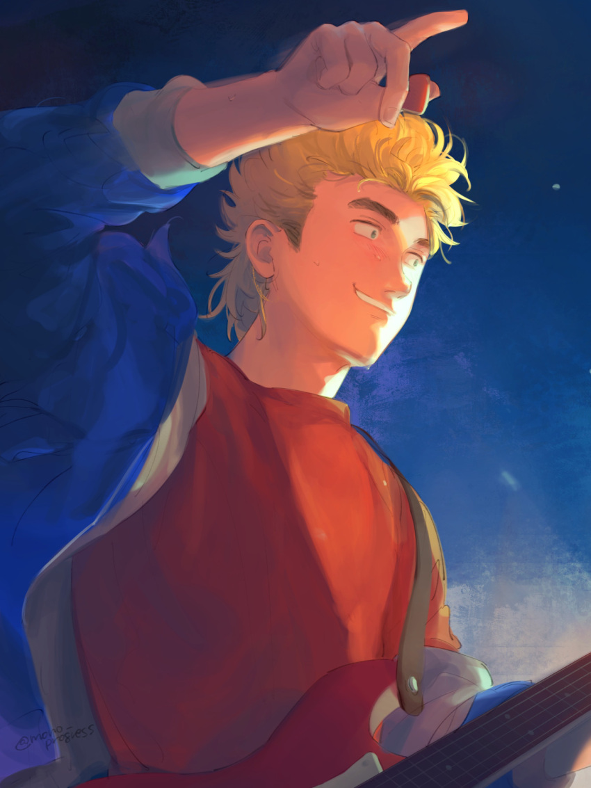 Safebooru - 1boy arm up blonde hair blue eyes blue jacket crew neck ...