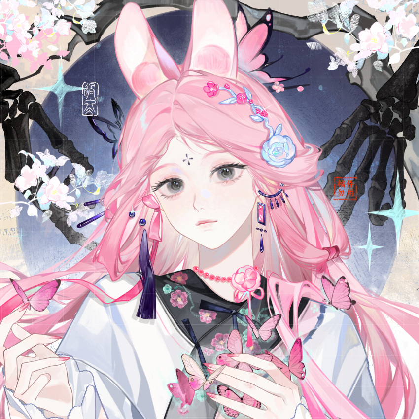 Safebooru - 1girl absurdres animal ears black eyes branch bug butterfly cherry blossoms chinese ...