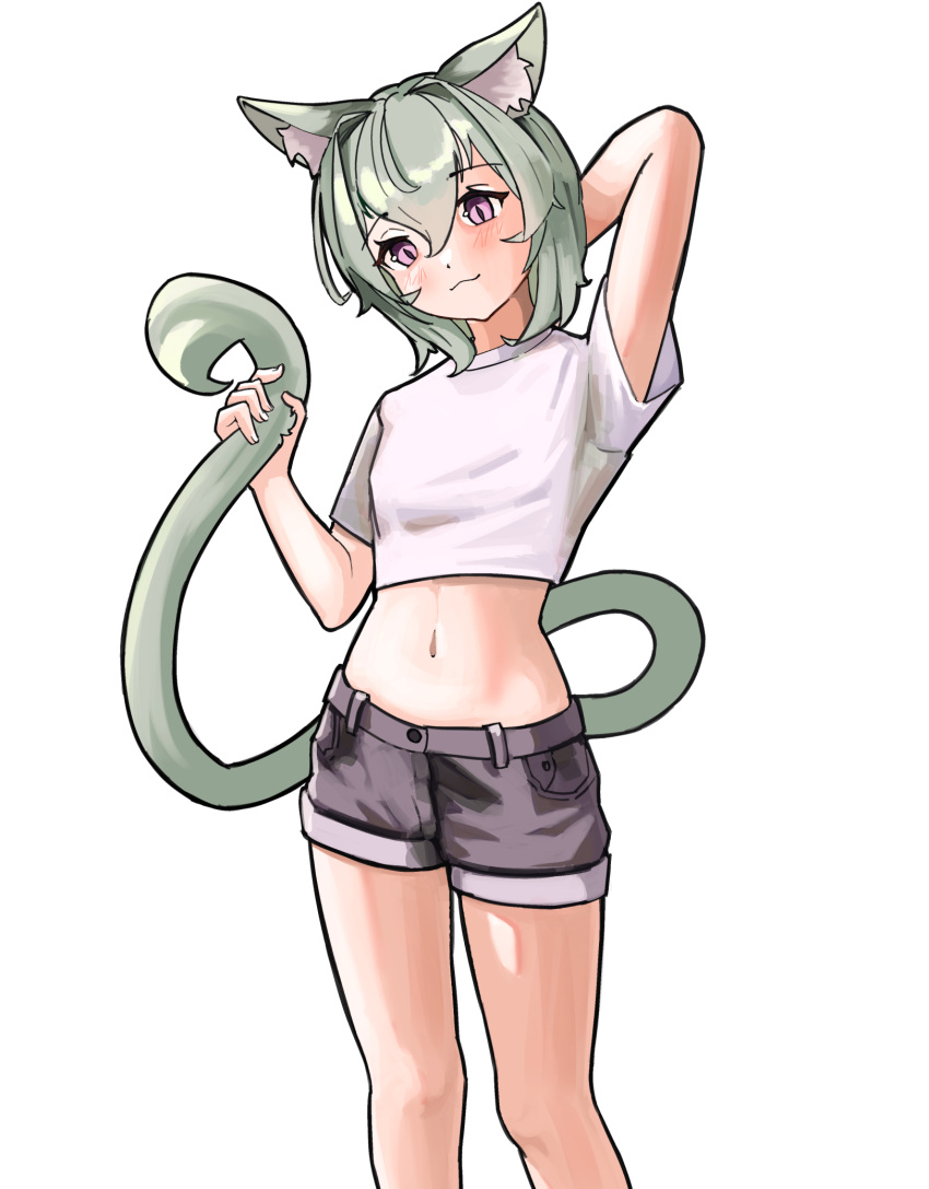 Safebooru - 1girl animal ear fluff animal ears arm behind head arm up black shorts blush breasts ...