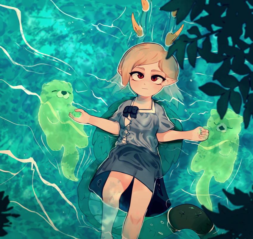 Safebooru - 1girl afloat animal antlers blonde hair blue shirt blue ...