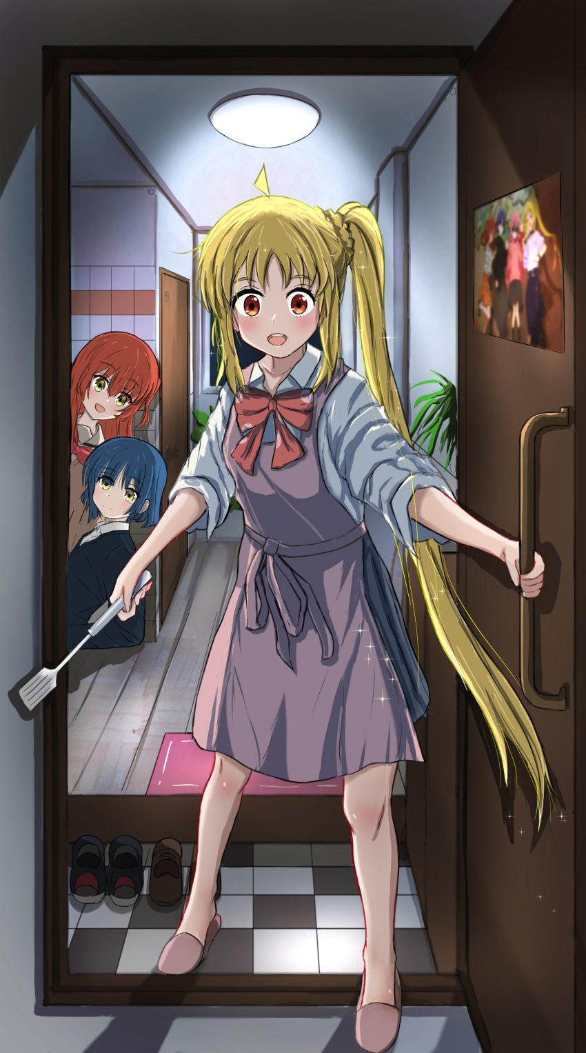 Safebooru - 3girls absurdres ahoge apron black skirt blonde hair blue hair blush bocchi the rock ...