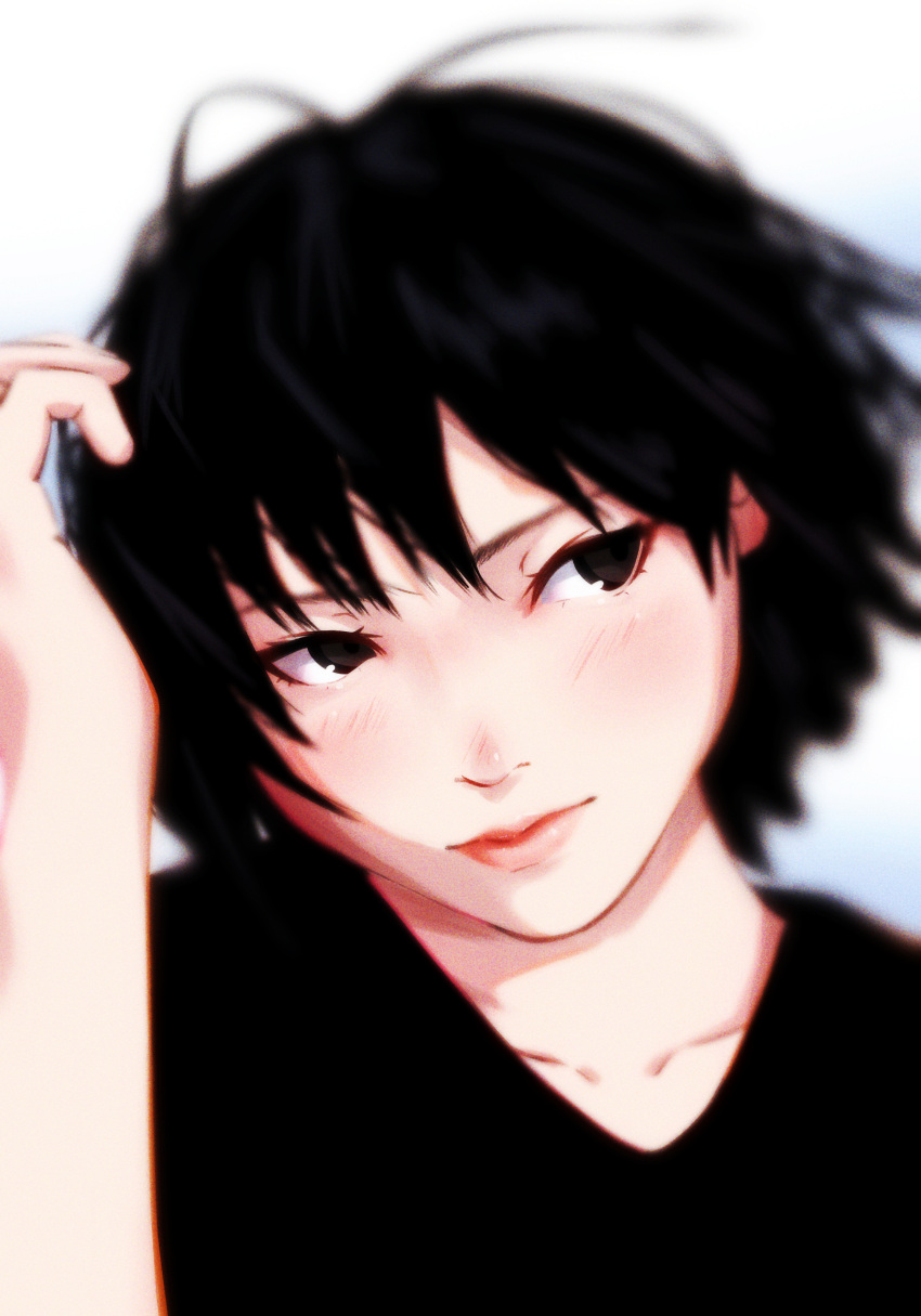 Safebooru - 1girl absurdres adjusting hair amagami averting eyes black eyes black hair black ...