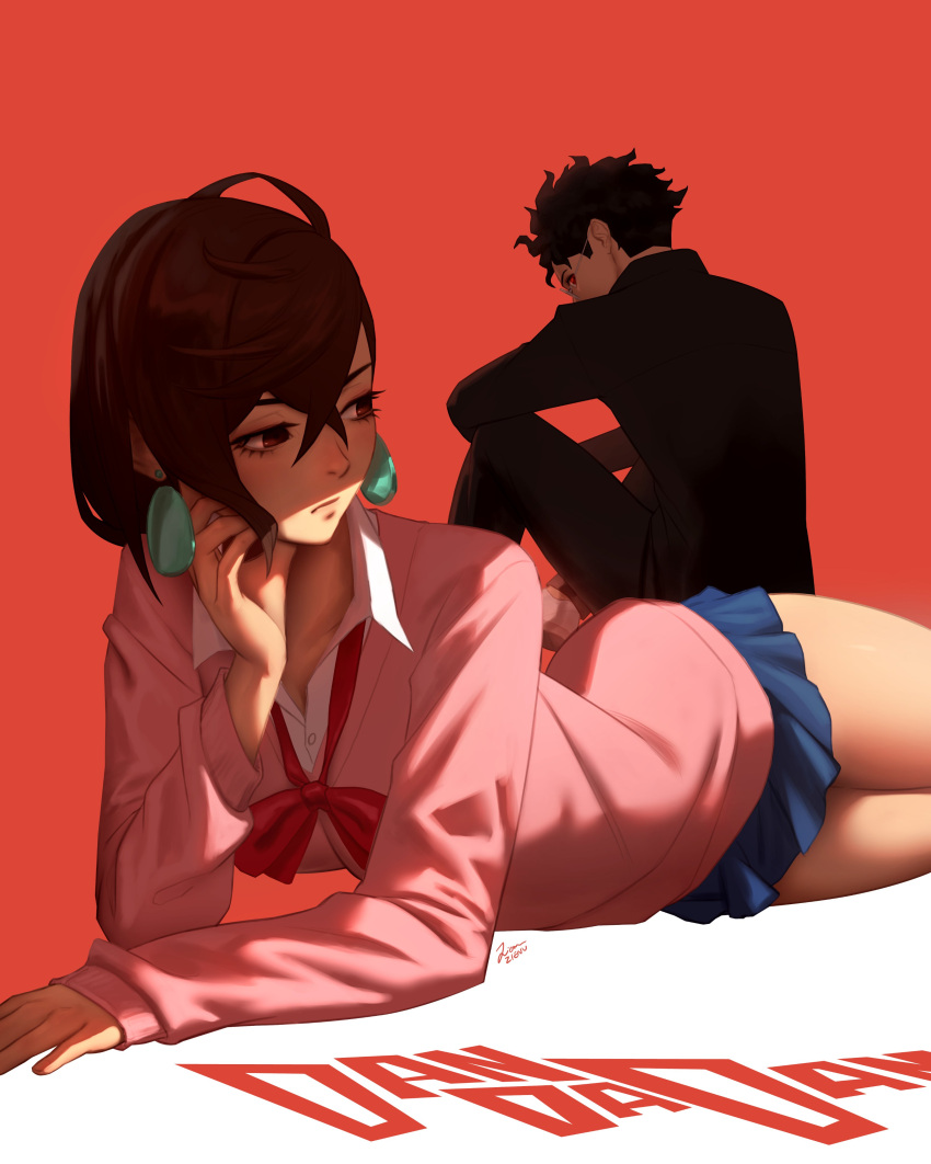 Safebooru - 1boy 1girl absurdres ayase momo black hair blue skirt bow brown eyes brown hair ...