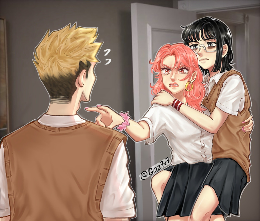 Safebooru - 1boy 2girls angry artist name black hair black skirt blonde ...