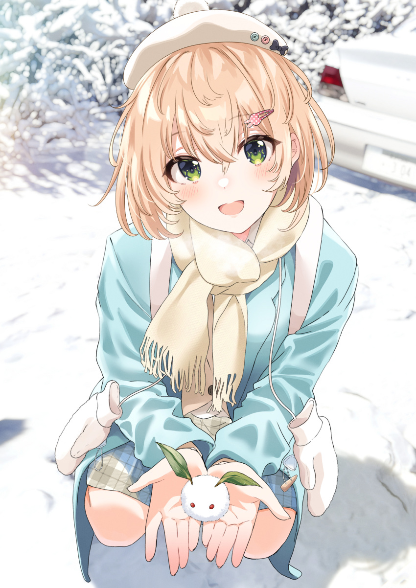 Safebooru - 1girl :d \||/ absurdres blue coat blue sleeves blurry ...