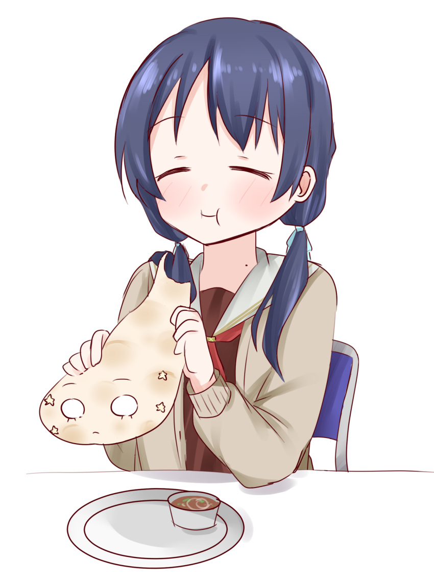 Safebooru - 1girl ^ ^ blue hair blue ribbon boku nan nano brown cardigan brown dress cardigan ...