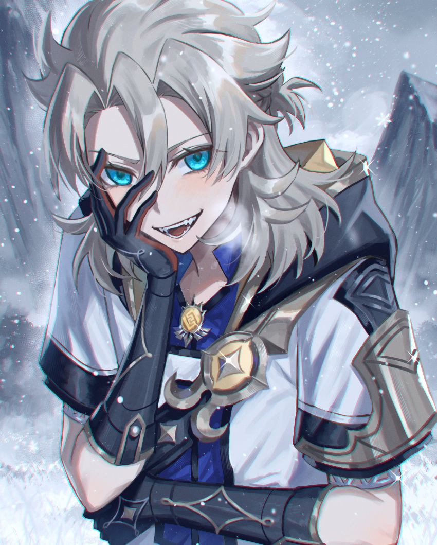 Safebooru - 1boy absurdres albedo (genshin impact) black gloves blue eyes blue shirt blush ...