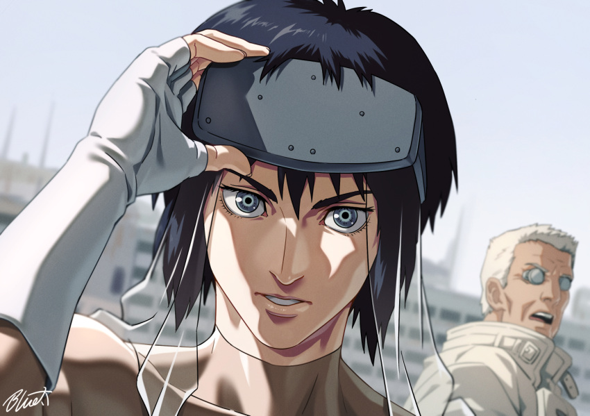 Safebooru - 1boy 1girl batou (gits) blonde hair blue eyes blurry blurry ...