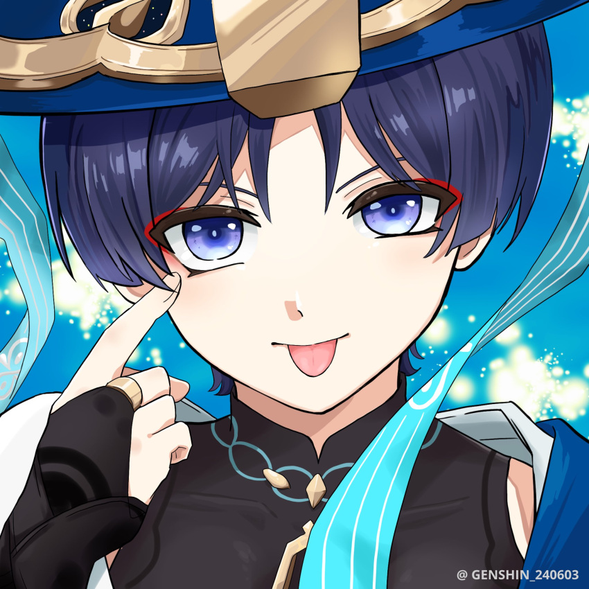 Safebooru - 1boy :p akanbe armor black bodysuit blue hat blue sky blunt ...