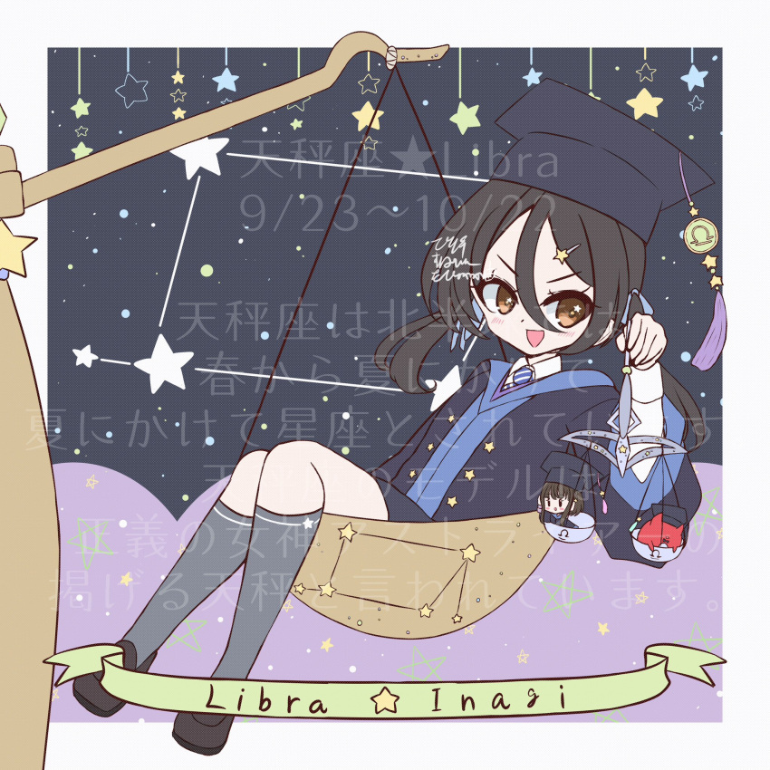 Safebooru - 2girls balance scale black dress black hair brown eyes dress grey socks hair between ...