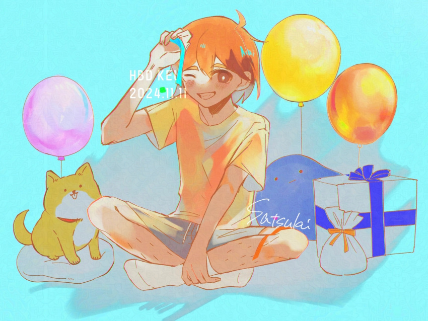 Safebooru - 1boy balloon blue background box bright pupils brown eyes ...