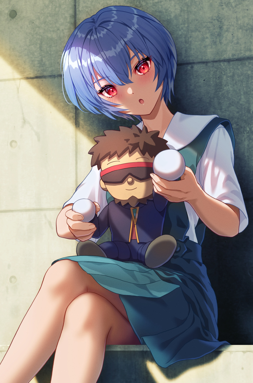 Safebooru - 1girl :o absurdres ayanami rei beard bench black jacket black pants blue hair blue ...