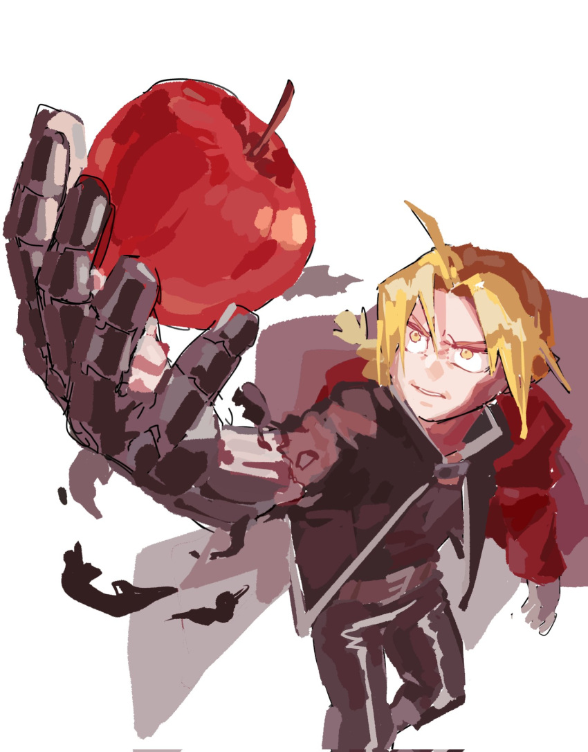 Safebooru - 1boy apple belt black jacket black pants black shirt blonde hair coat commentary ...