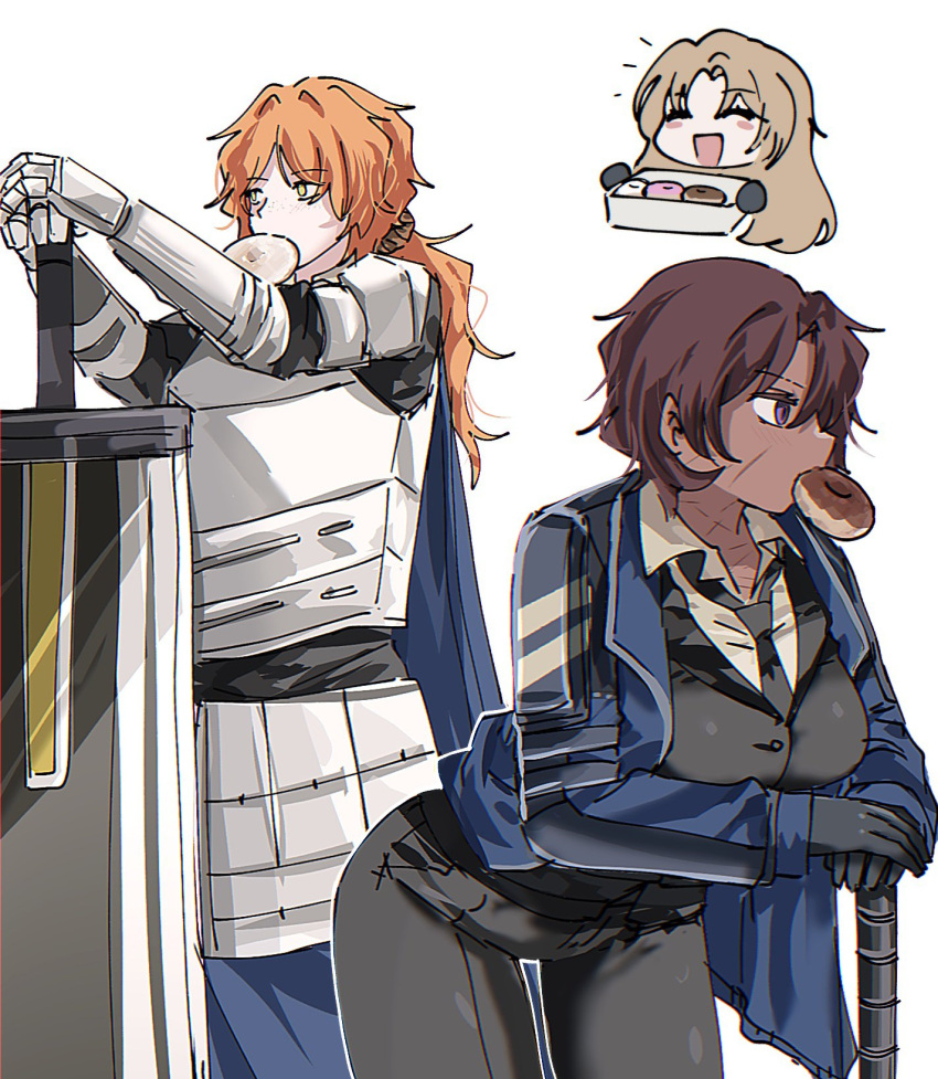 Safebooru - 1boy 2girls black jacket black vest breasts brown hair ...