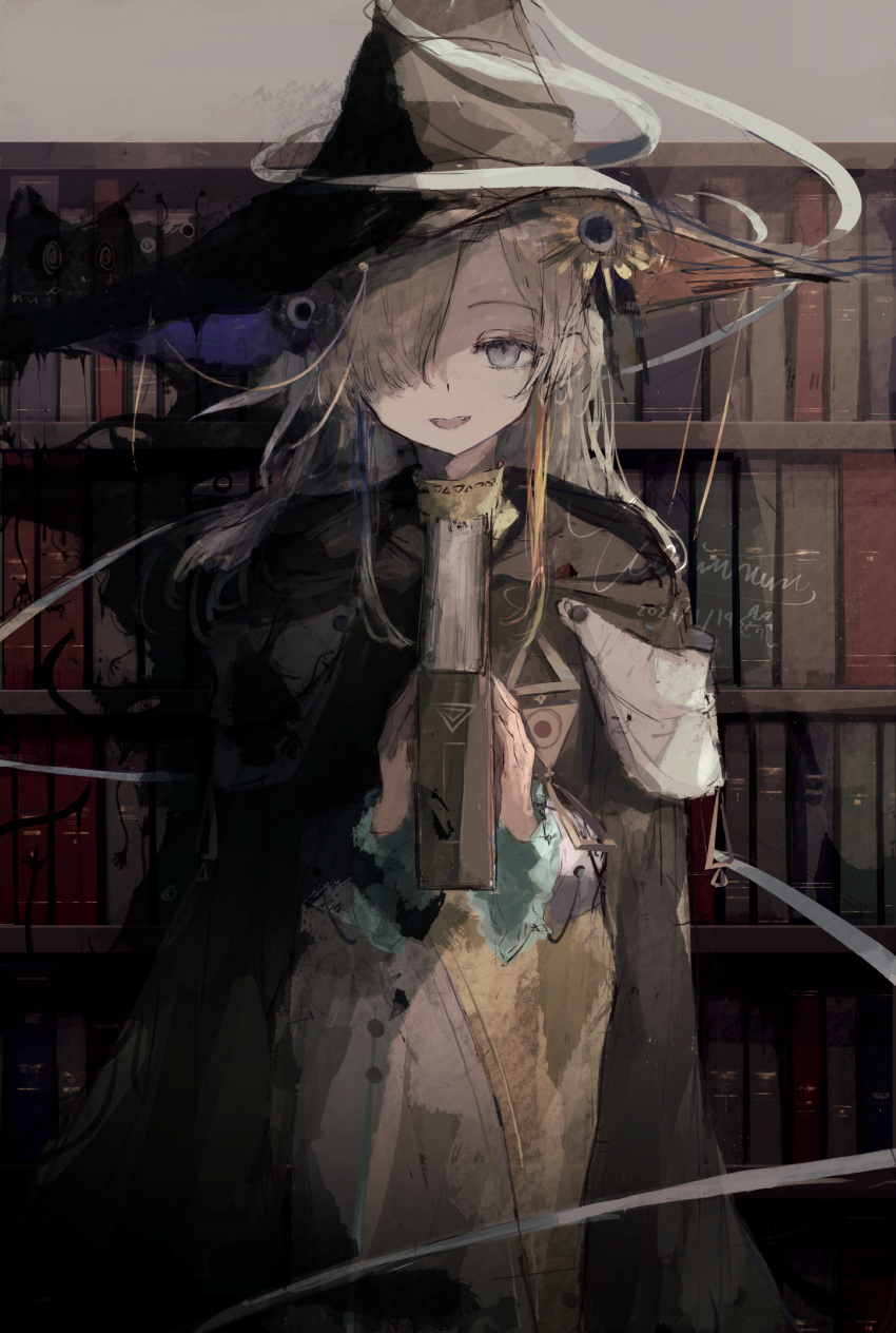 Safebooru - 1girl black cape blonde hair book bookshelf cape feet out ...