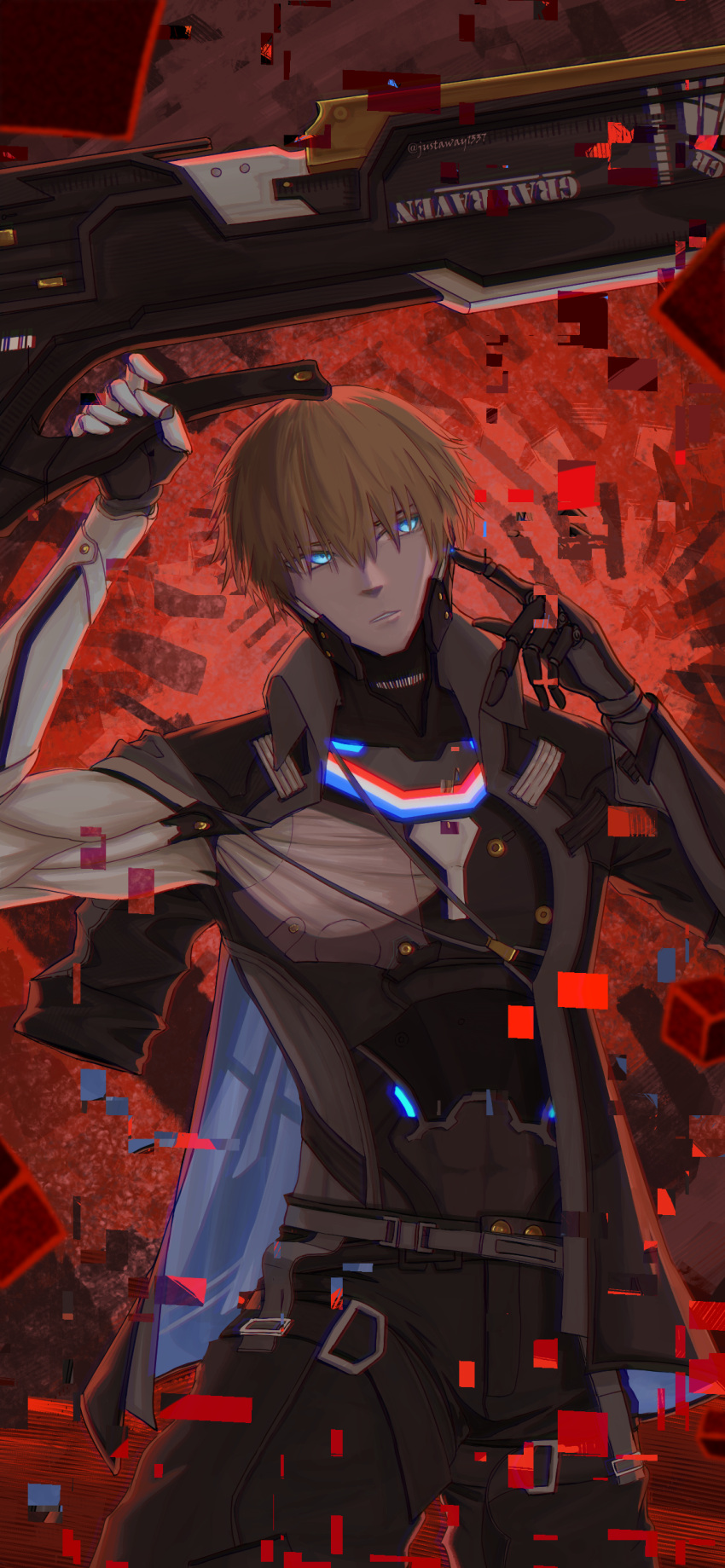 Safebooru - 1boy absurdres black coat black pants blonde hair blue coat blue eyes coat hair ...