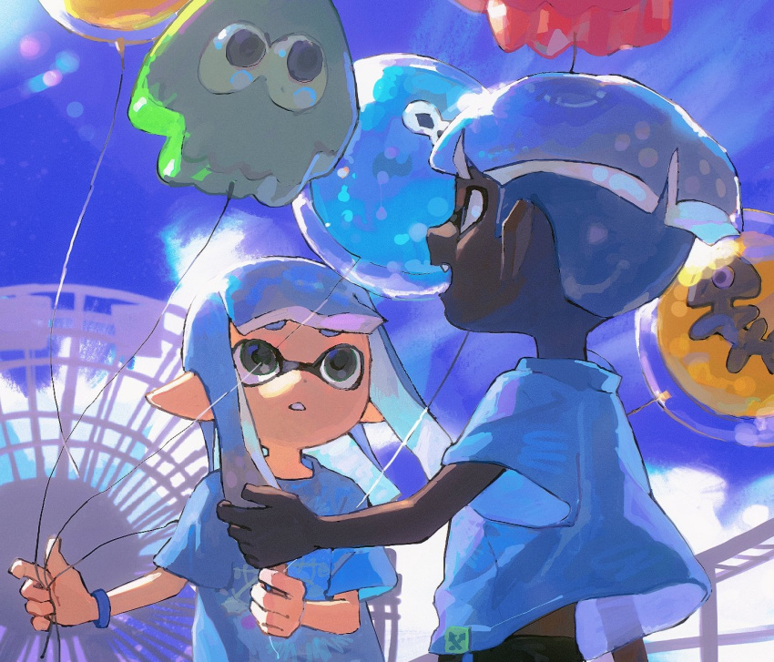 Safebooru - 1boy 1girl amusement park balloon black eyes blue hair blue ...